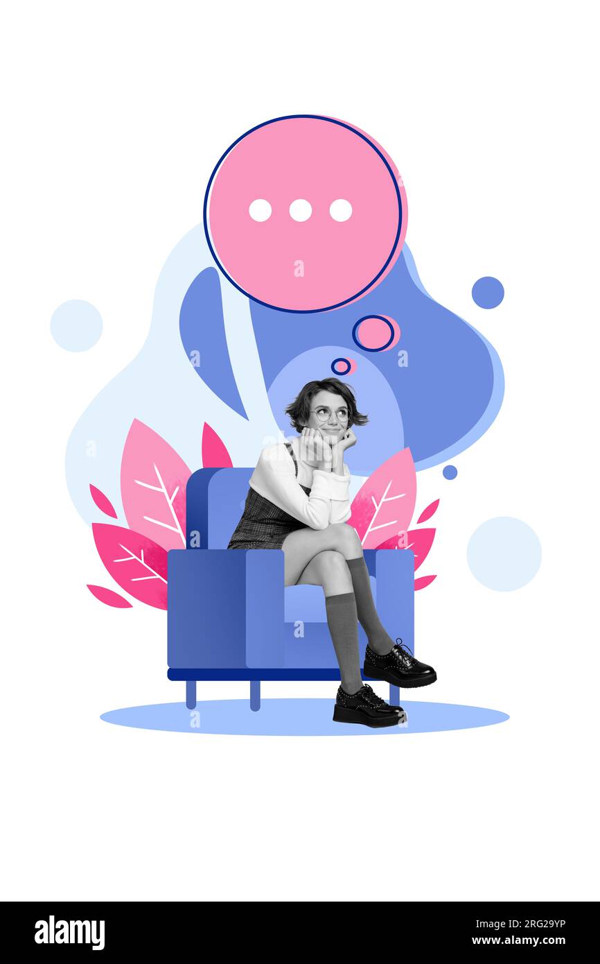 Banner collage sketch of minded lady sit house cosy armchair think ...
