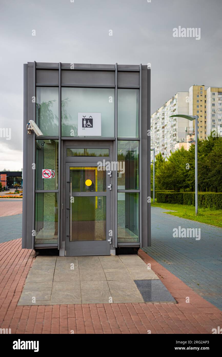 street elevator cabin for descending into the subway. elevator in the ...