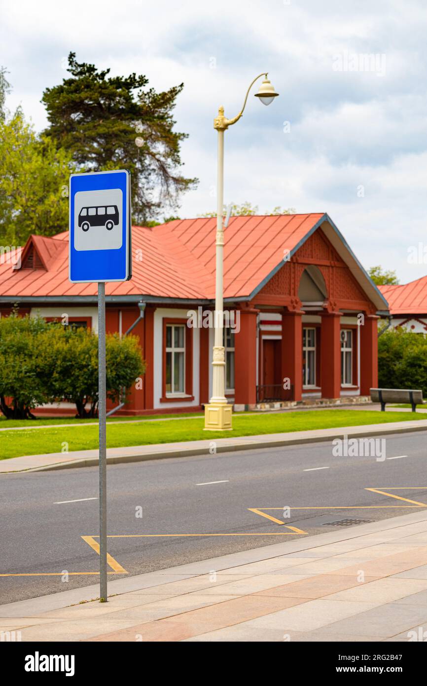 empty bus stop in a small town. bus stop sign. city bus stop. High ...