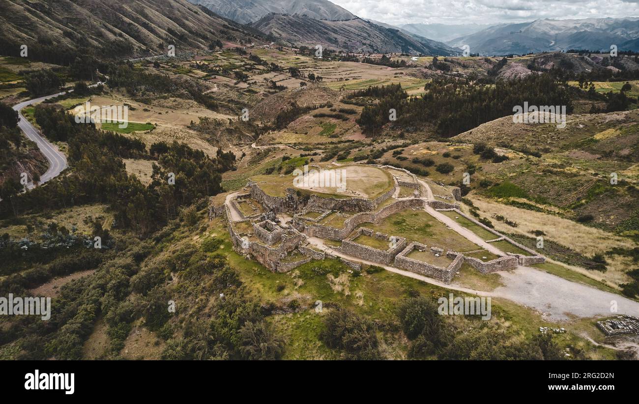 Aerial view of Ruins of the Inca fortress of Puka Pukara outside of ...