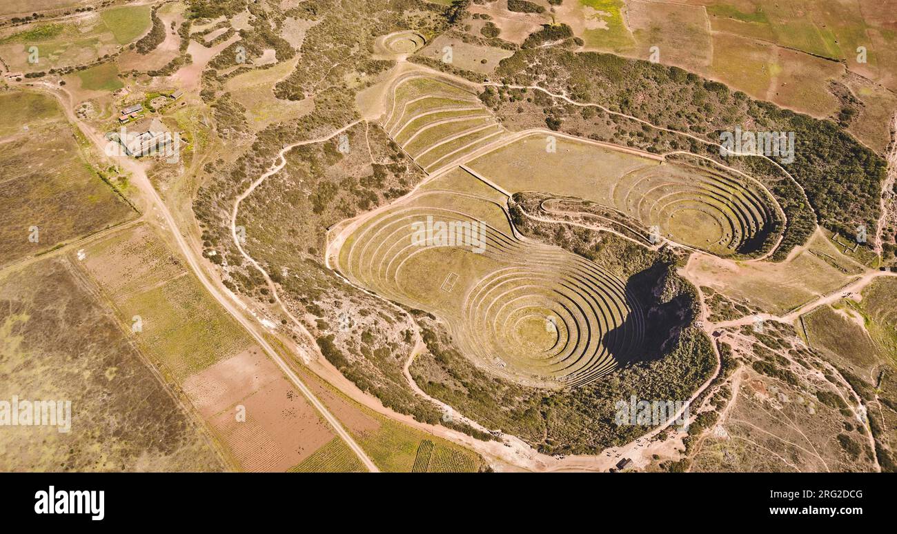 Aerial view of Moray Archeological site. Inca ruins of several terraced ...