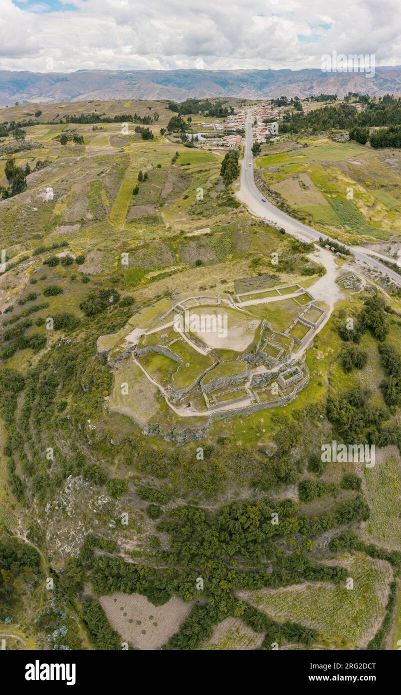 Aerial view of Ruins of the Inca fortress of Puka Pukara outside of ...