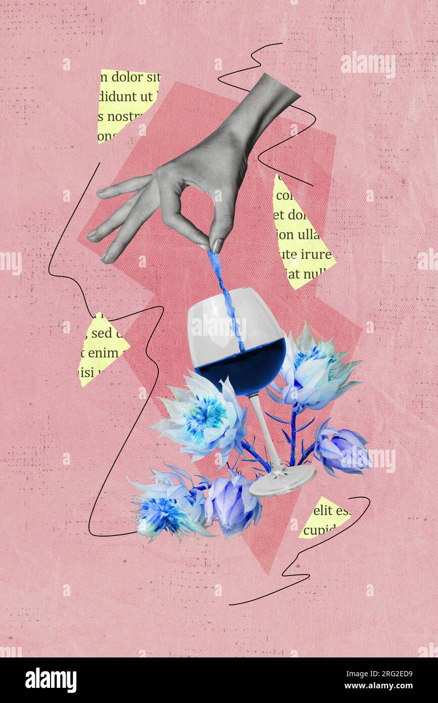 Collage 3d pinup pop retro sketch image of arm pouring herbal beverage ...