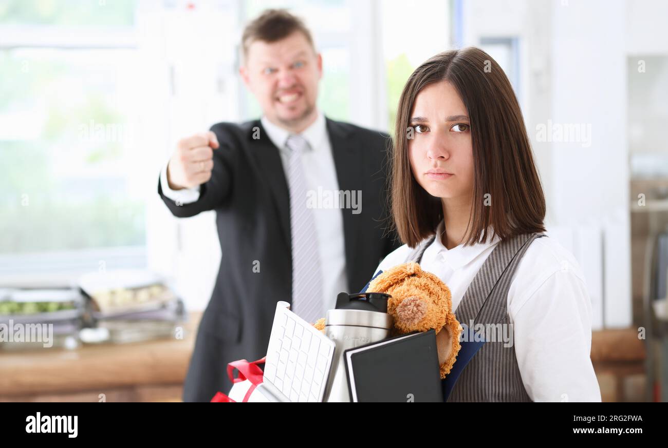 Angry yelling boss point arm to exit Stock Photo - Alamy