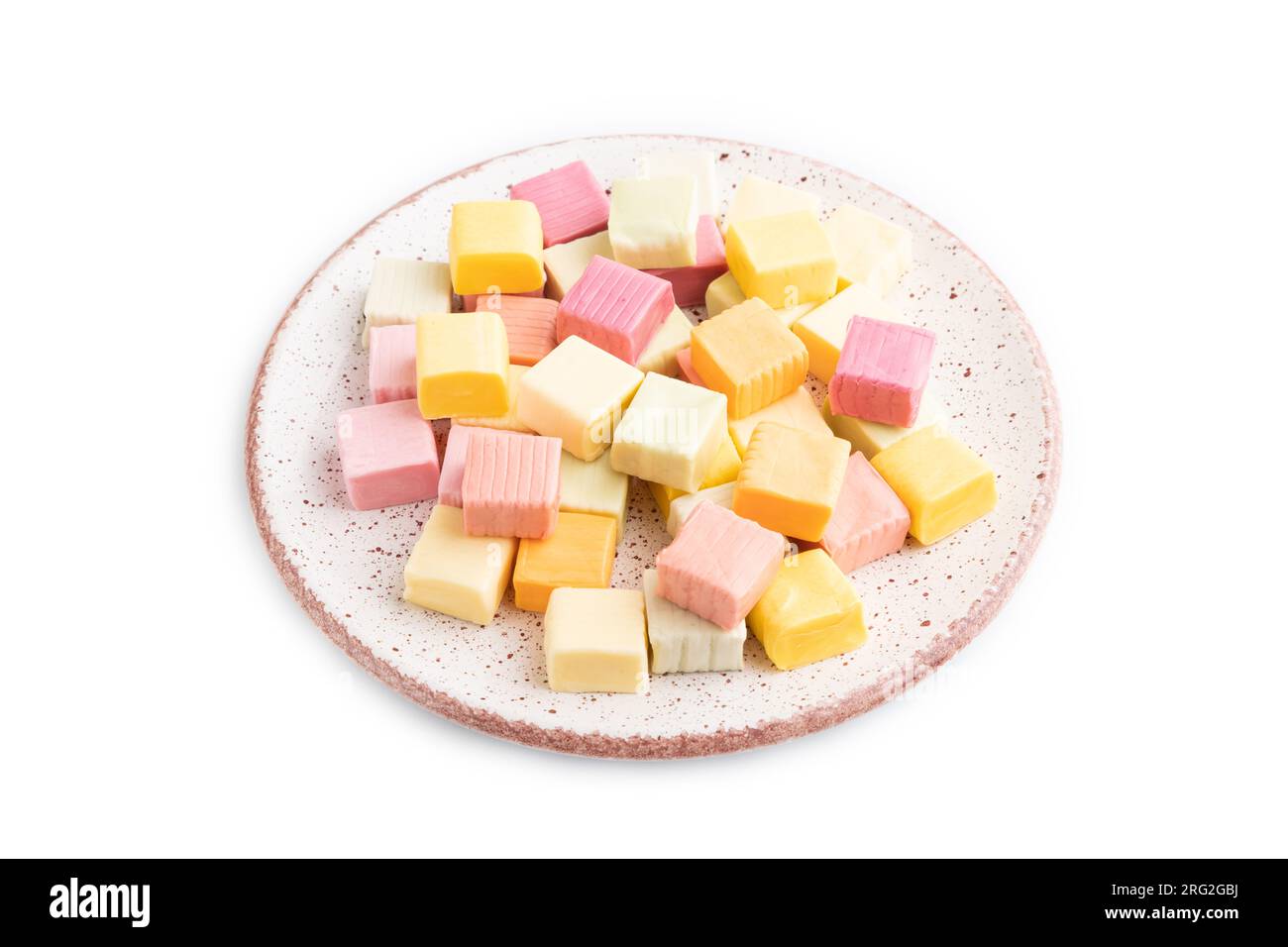Various fruit jelly chewing candies on plate isolated on white ...
