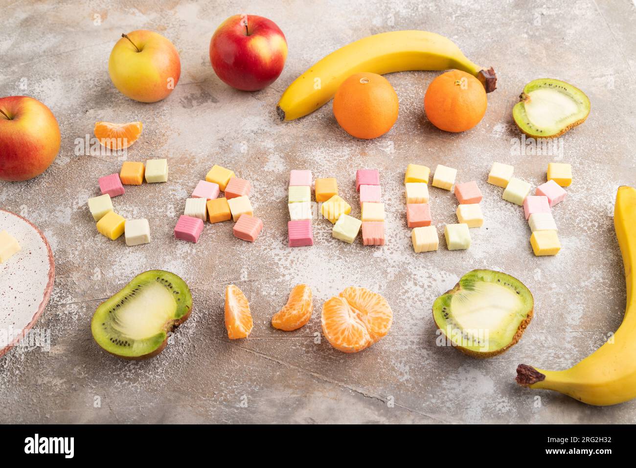 The inscription "candy" laid out with various fruit jelly chewing ...