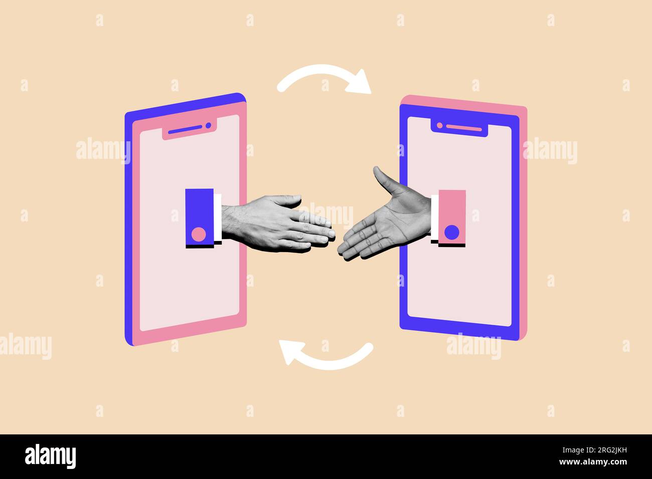 Composite collage of two persons handshake together online ...