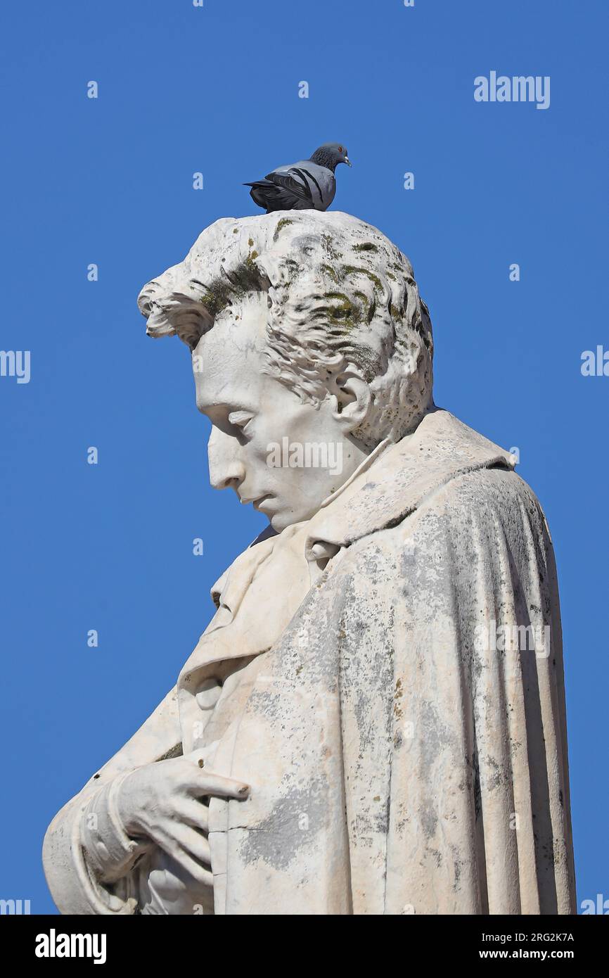 Statue of Giacomo Leopardi in the main square in the town of Recanati ...