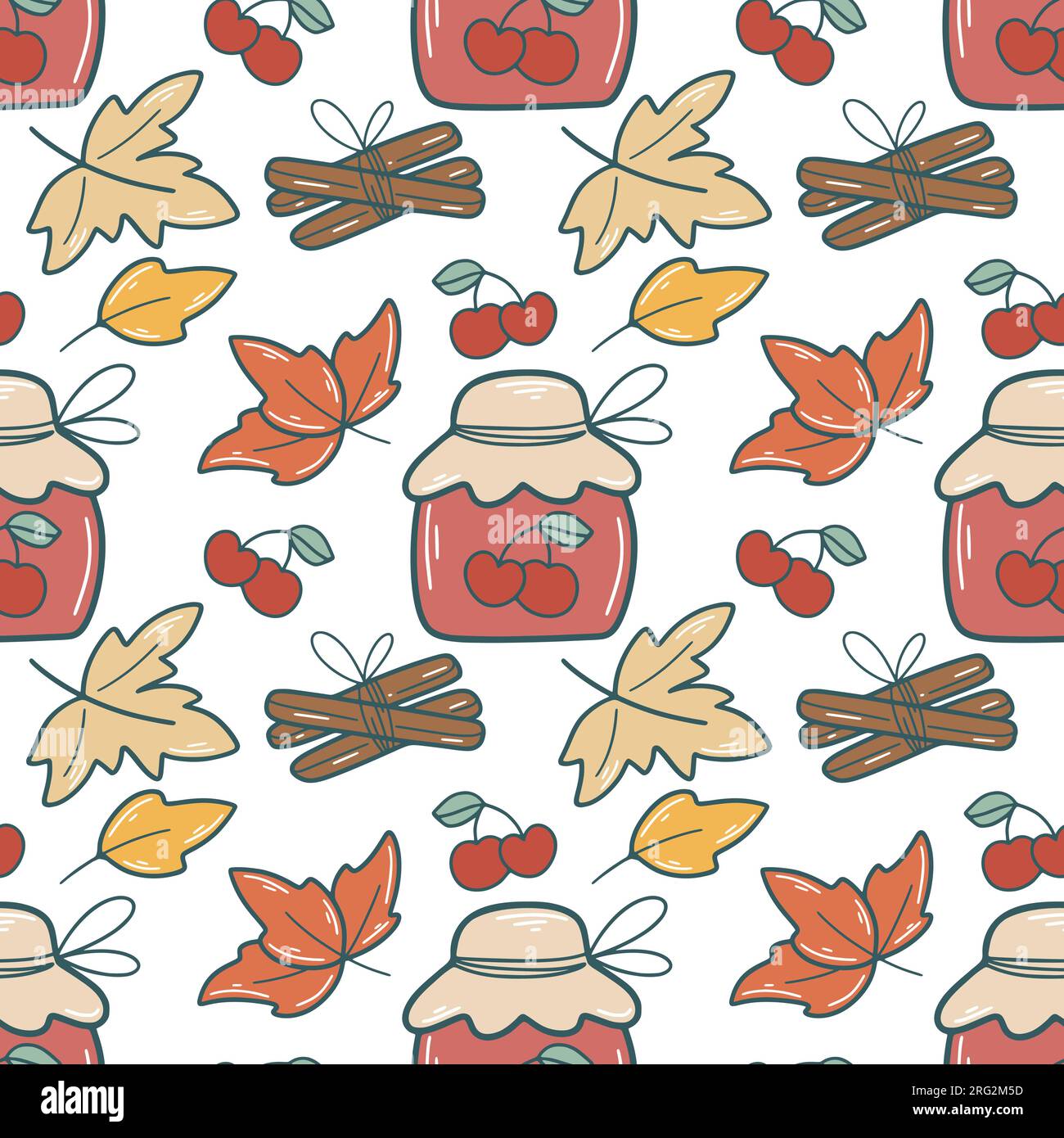 Autumn cherry jam seamless pattern. Background with berry jam, leaves ...