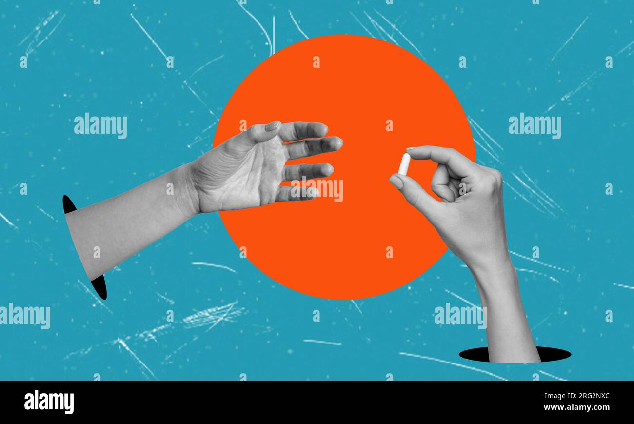 Medicine, pharmacology, drugs. Art collage, hand reaching for pill on ...