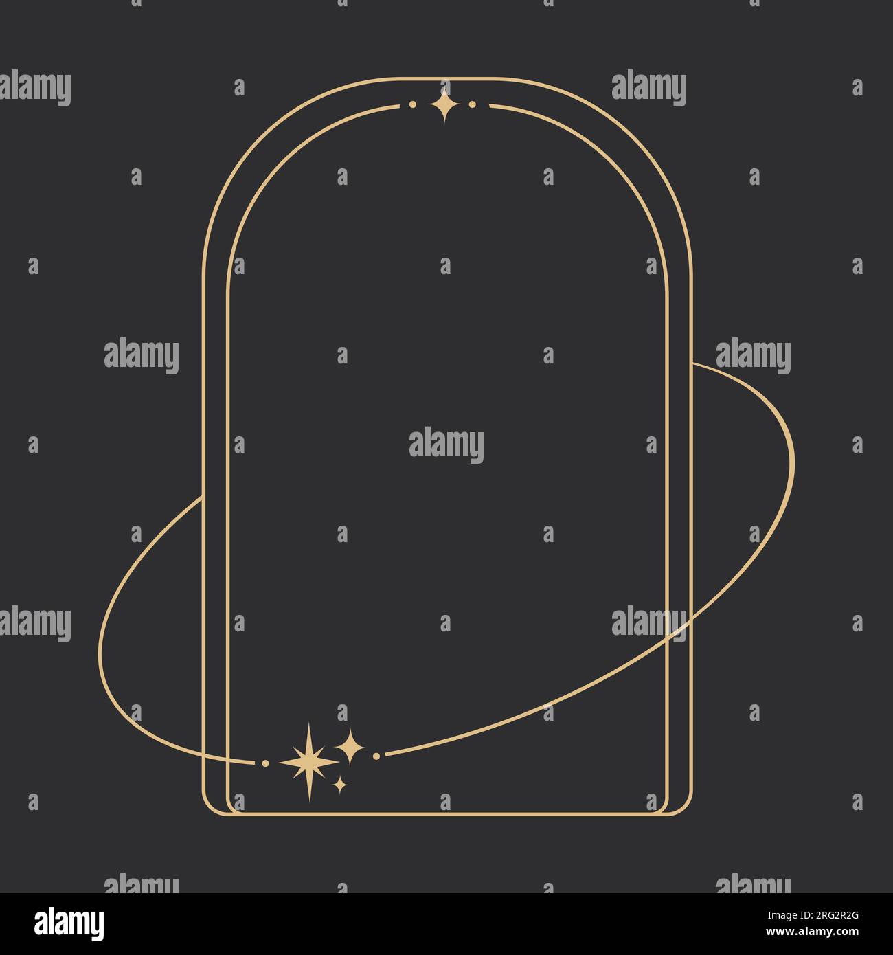Golden celestial frame, border, arch line art esoteric minimal decoration with sparkles isolated ...