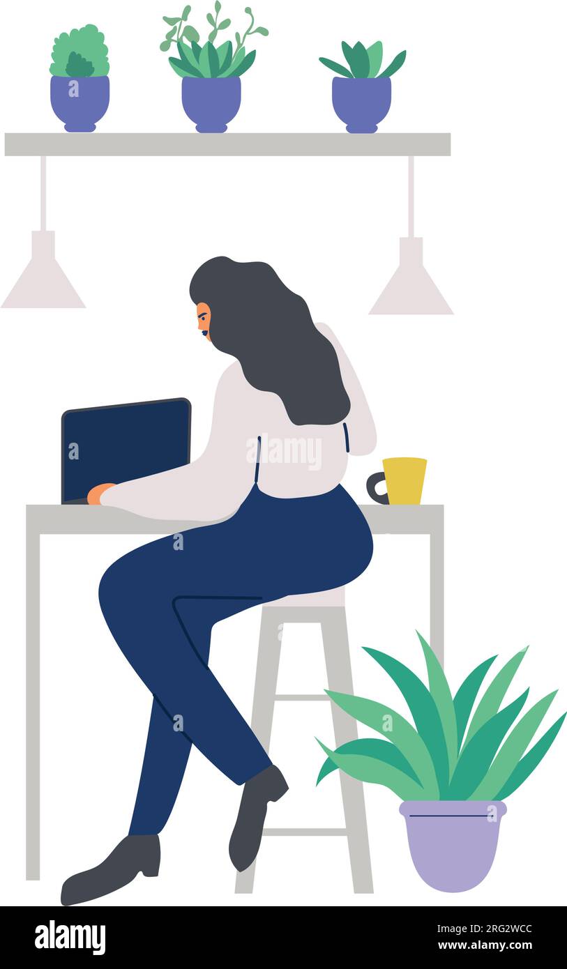 Female freelancer sitting in a cafe and working isolated on white ...