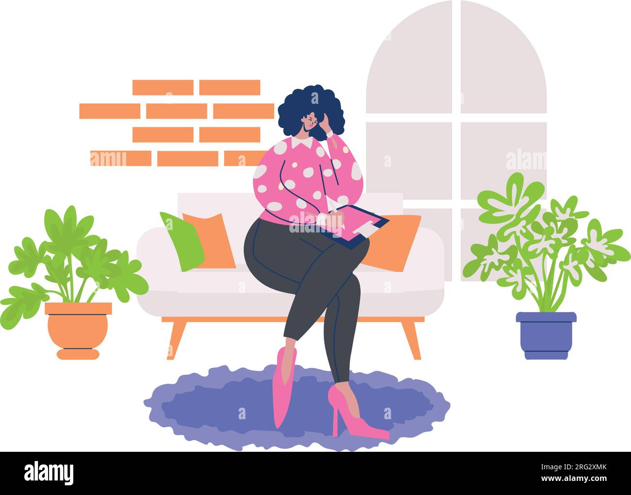 Woman sitting on couch and listening vector illustration. Therapy ...