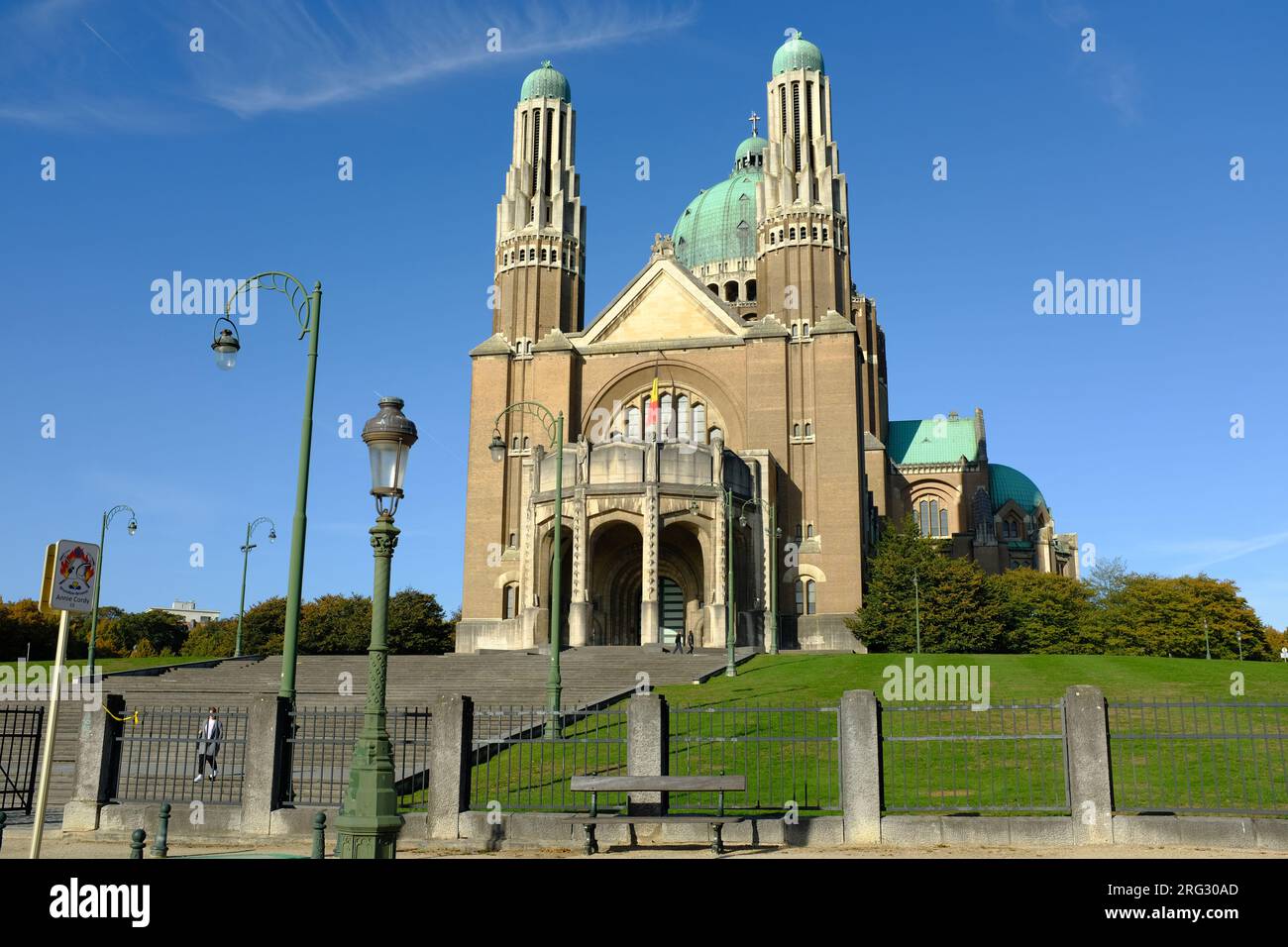 A front view of the National Basilica of the Sacred Heart in Koekelberg ...