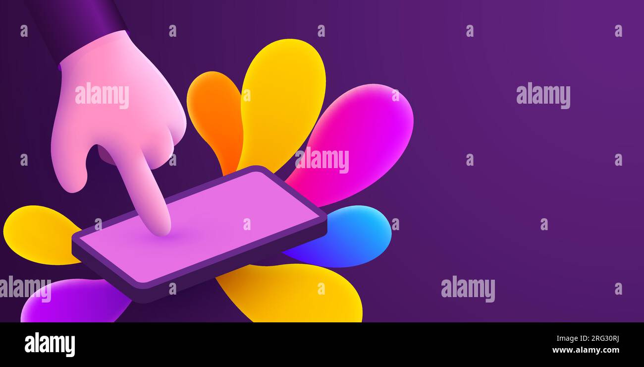 Cute cartoon hand touch mobile smartphone with color explosion ...