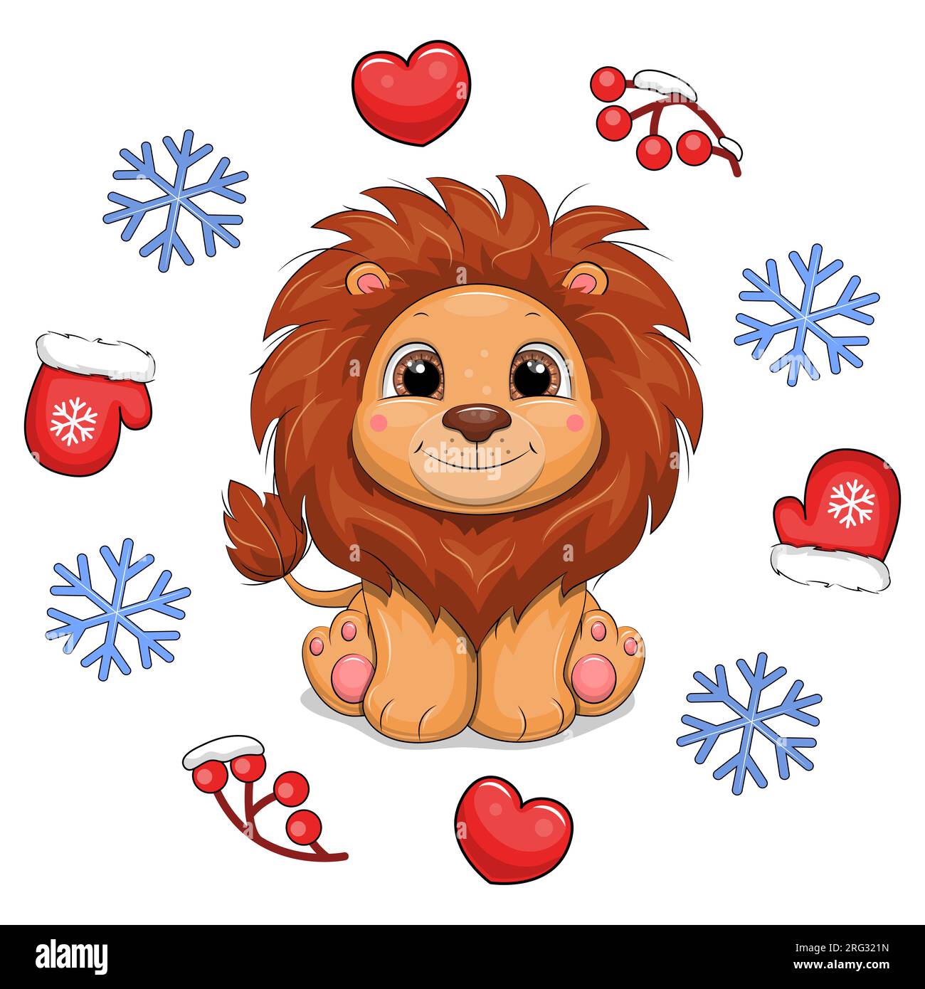 Cute cartoon lion in a winter frame. Vector illustration of an animal ...