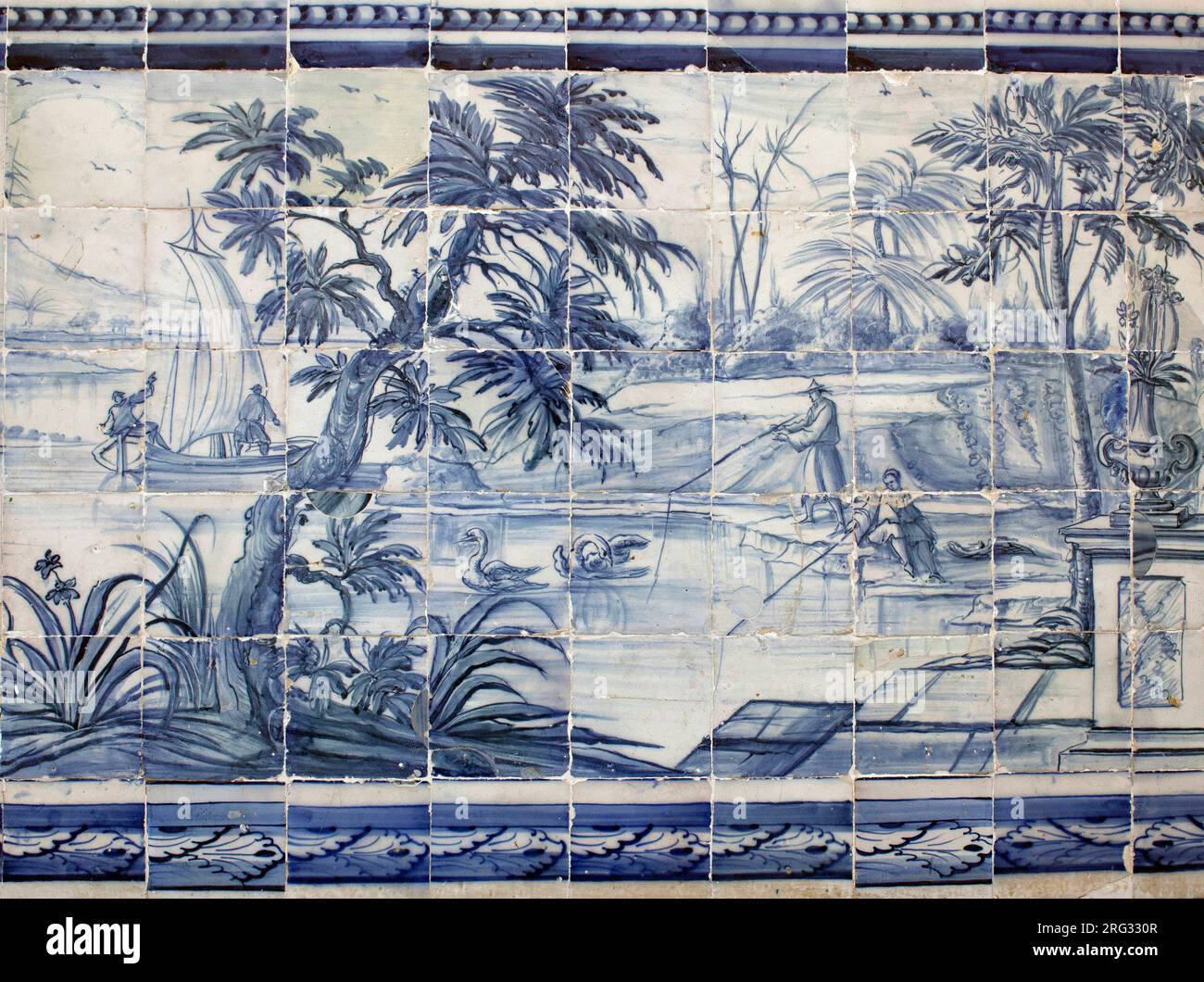 Pecheurs sur les bords d'un lac en Asie - Azulejos, faience peinte, 18e ...