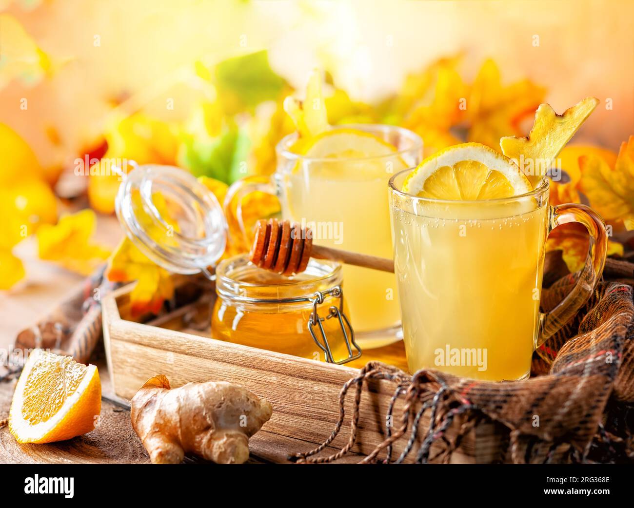 Lemon and ginger tea with honey. Spicy medicinal tea for autumn-winter ...