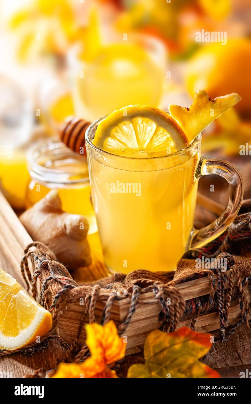 Lemon and ginger tea with honey. Spicy medicinal tea for autumn-winter ...