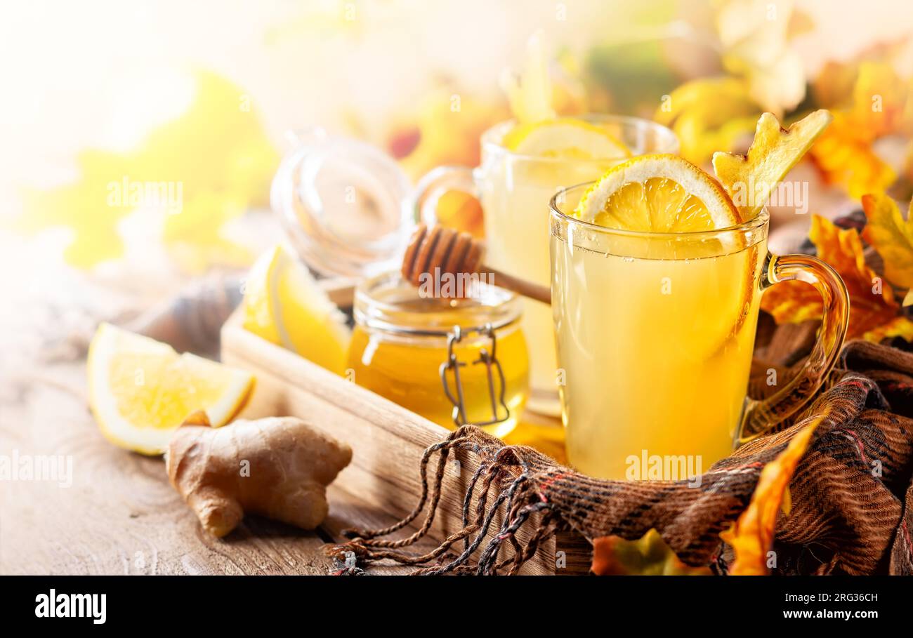 Lemon and ginger tea with honey. Spicy medicinal tea for autumn-winter ...