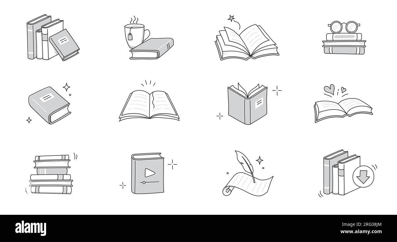Book line doodle icon set. Hand drawn sketch doodle style line icon ...