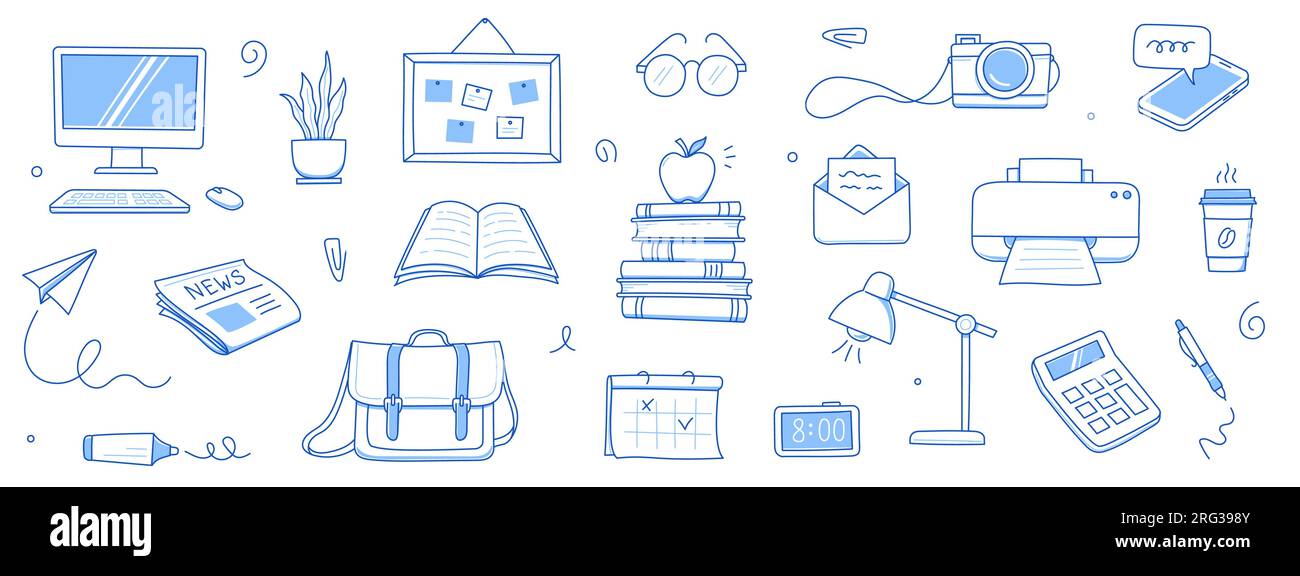 Office work doodle set. Office computer, work desk, notebook doodle ...