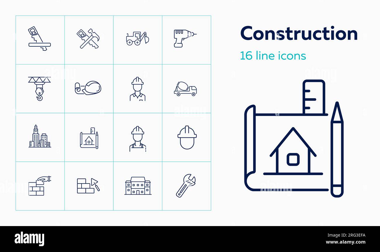 Construction site line icon set. Architect, blueprint Stock Vector ...