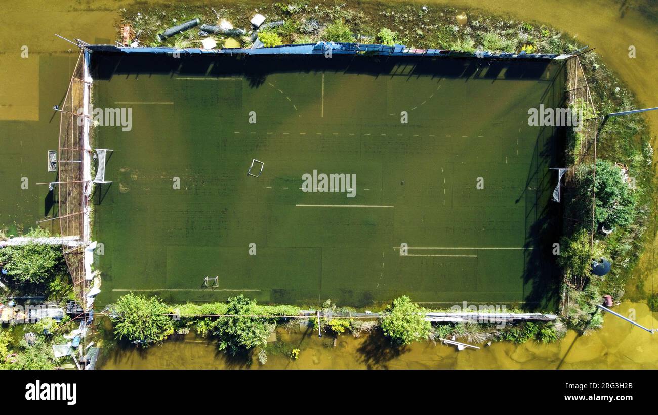 Zagreb, Croatia. 07th Aug, 2023. Aerial view of flooded football court ...