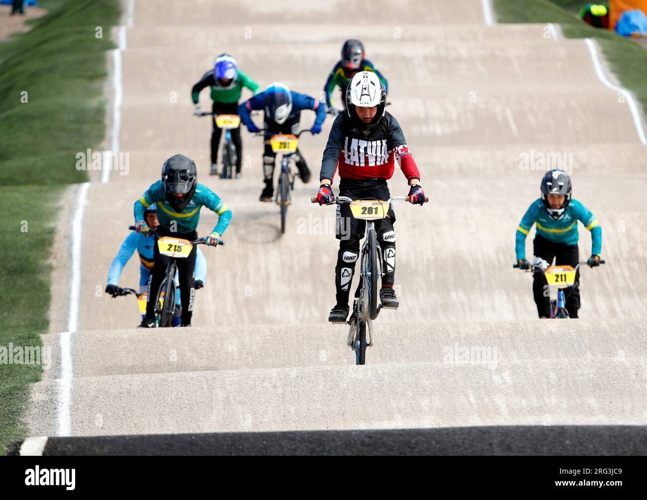 Latvia's Kurts Storkis leads in heat 30 of the BMX Racing Boys 11 race ...