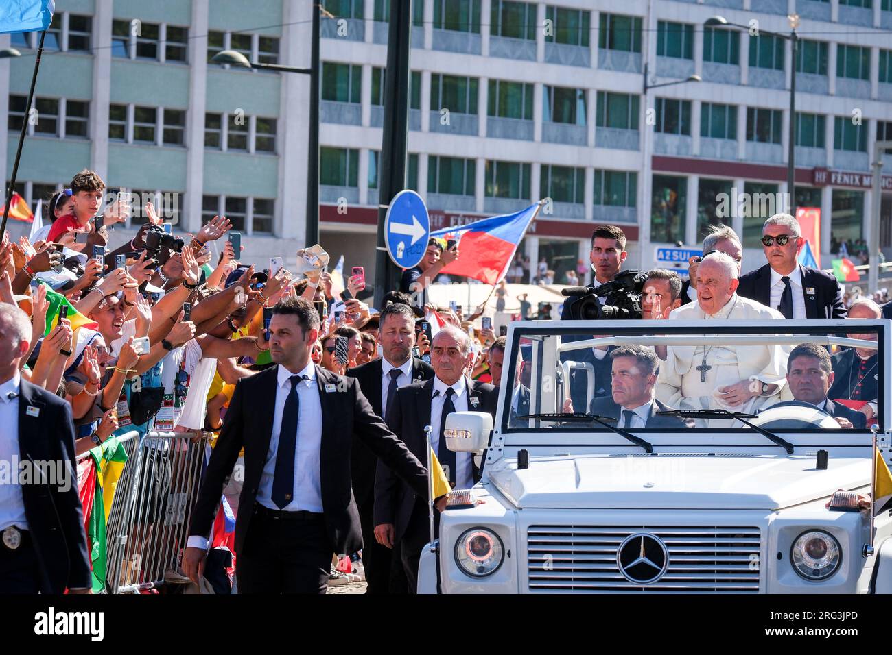 Lisbon, Portugal. August 4 2023. Pope Francis arrives to Parque Eduardo ...