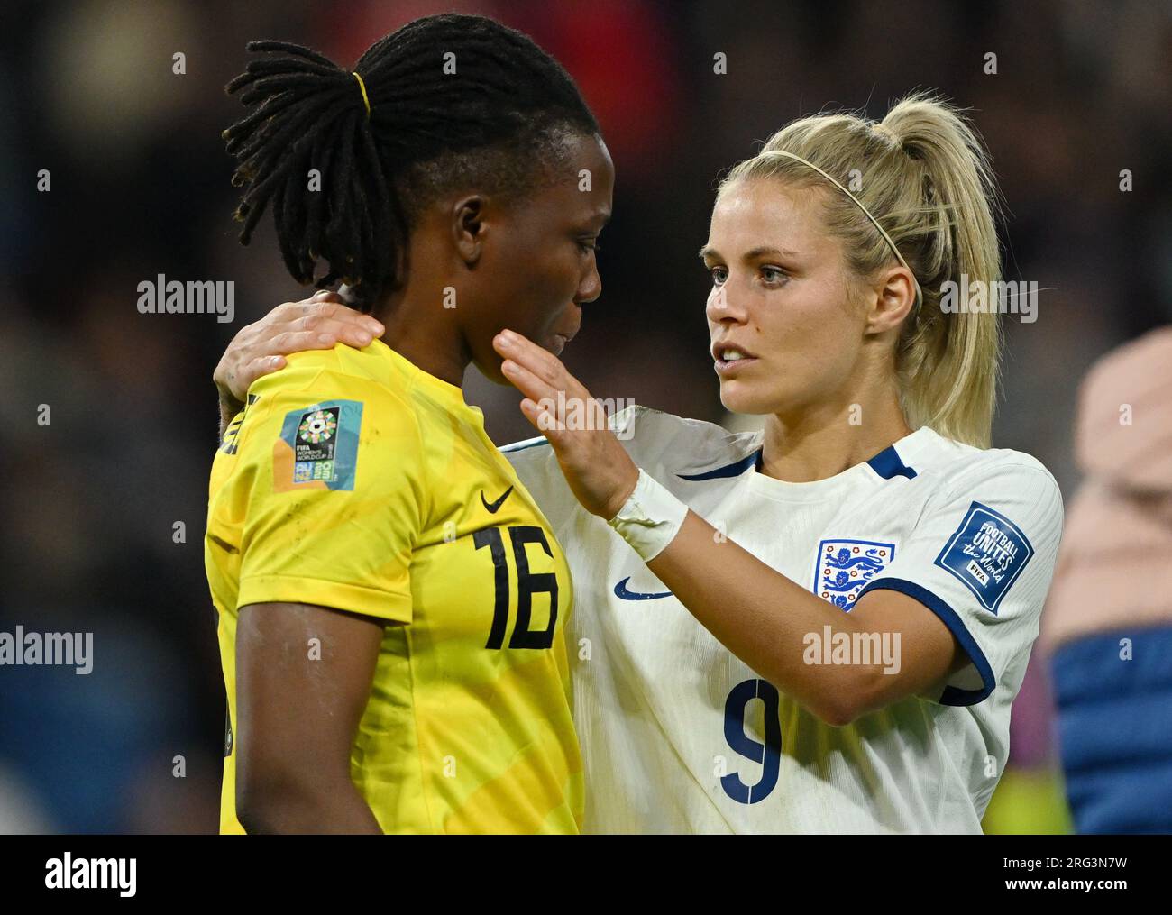 Brisbane, Australia. 7th Aug, 2023. England's Rachel Daly (R) comforts ...