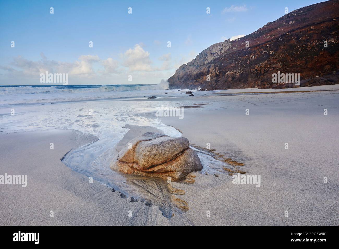 Sand, rock, cliff and Atlantic surf; Portheras Cove, Pendeen, on the ...
