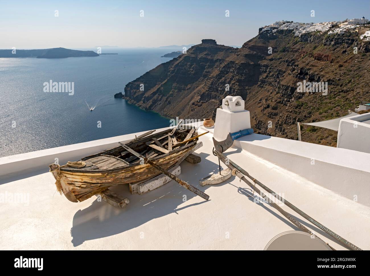 Old Rowing Boat on Terrace Roof, Firostefani, Santorini, Greece ...