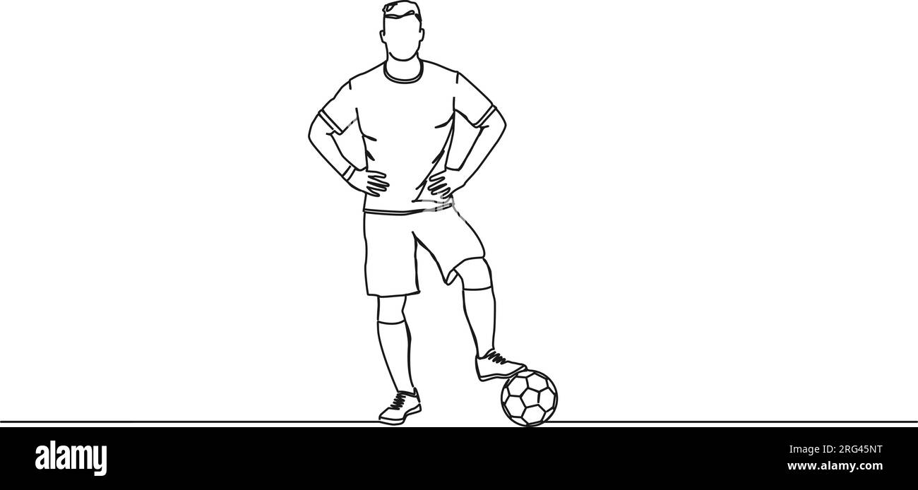 continuous single line drawing of soccer player with foot on ball, line ...