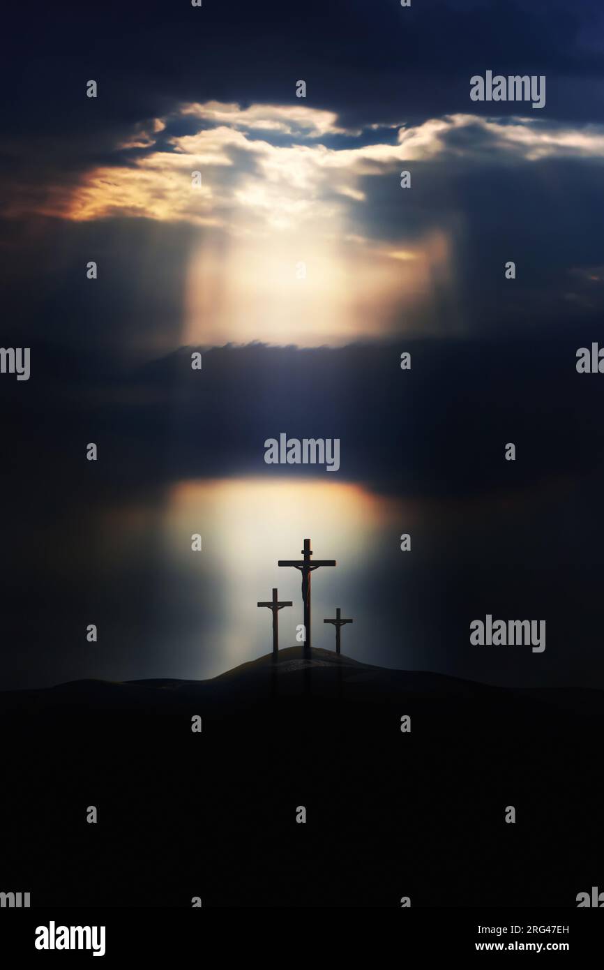 Light shining through the clouds and dramatic sky, the Passion of Jesus ...