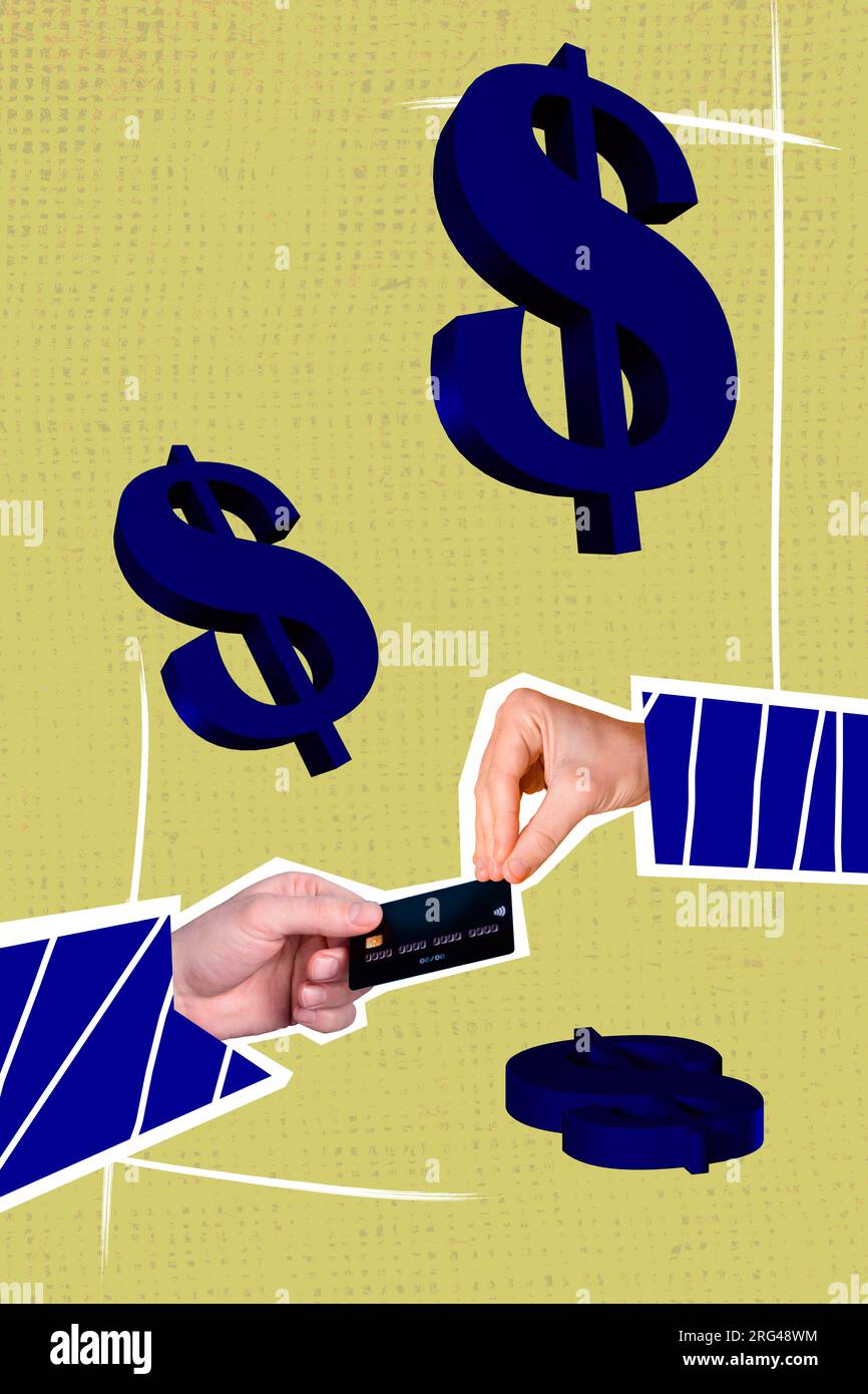Vertical composite collage image of hands exchange money get wireless ...