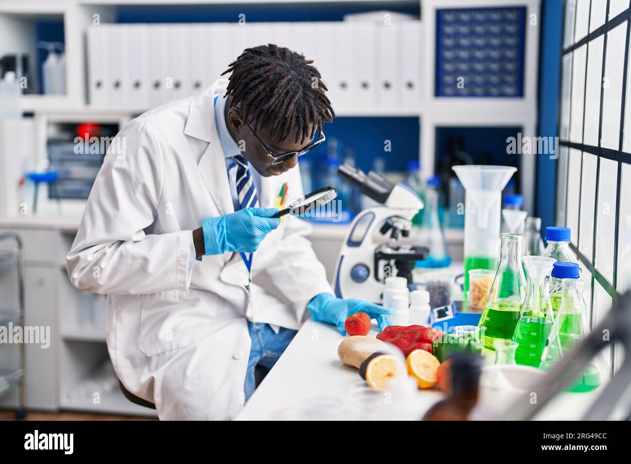 African american man scientist looking tomato using loupe at laboratory Stock Photo - Alamy