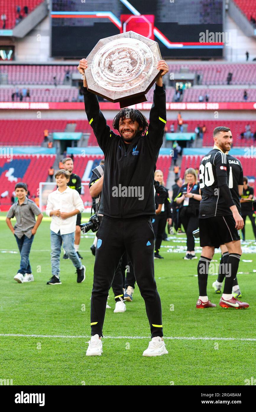 LONDON, UK - 6th Aug 2023: Mohamed Elneny of Arsenal celebrates with ...