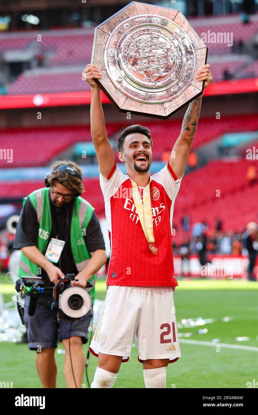 LONDON, UK - 6th Aug 2023: Fabio Vieira of Arsenal celebrates with the ...