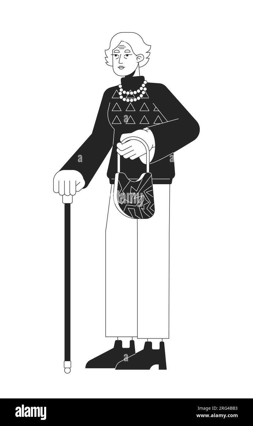 Stylish old woman with walking cane flat line black white vector ...