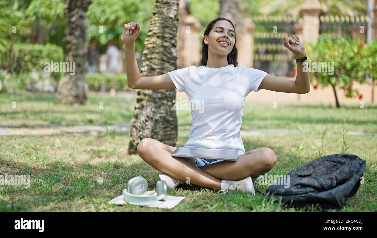 African american woman student finishing to study relaxing at ...