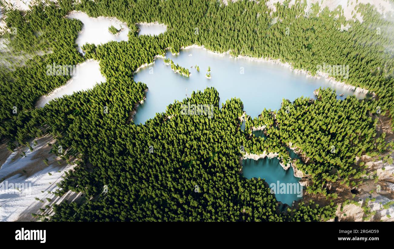 A breathtaking aerial view of a lush forest with a continent-shaped ...