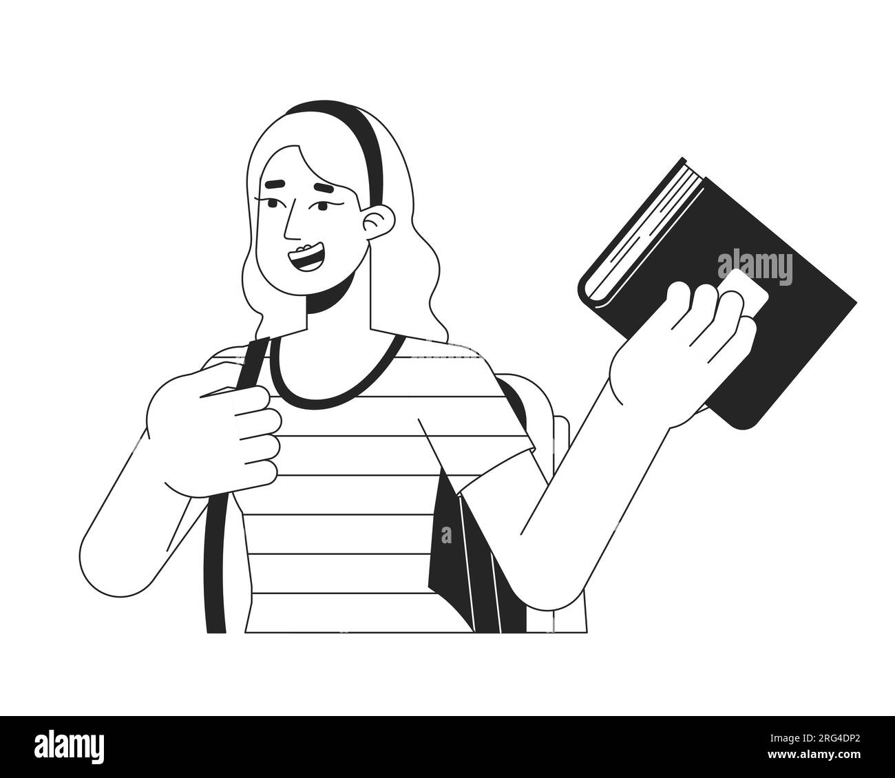 Bookworm college girl holding novel book flat line black white vector ...
