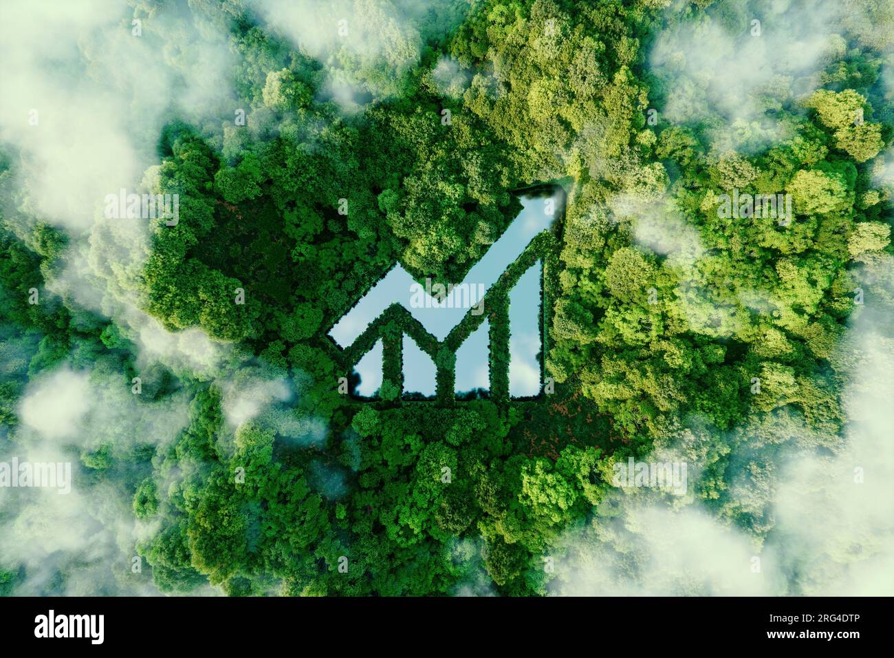 A lake in the shape of a rising graph in the middle of untouched nature ...