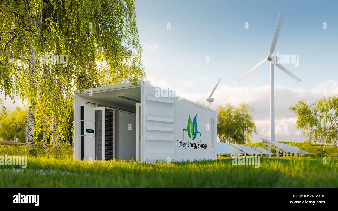 An open industrial container that houses battery modules used as an ...