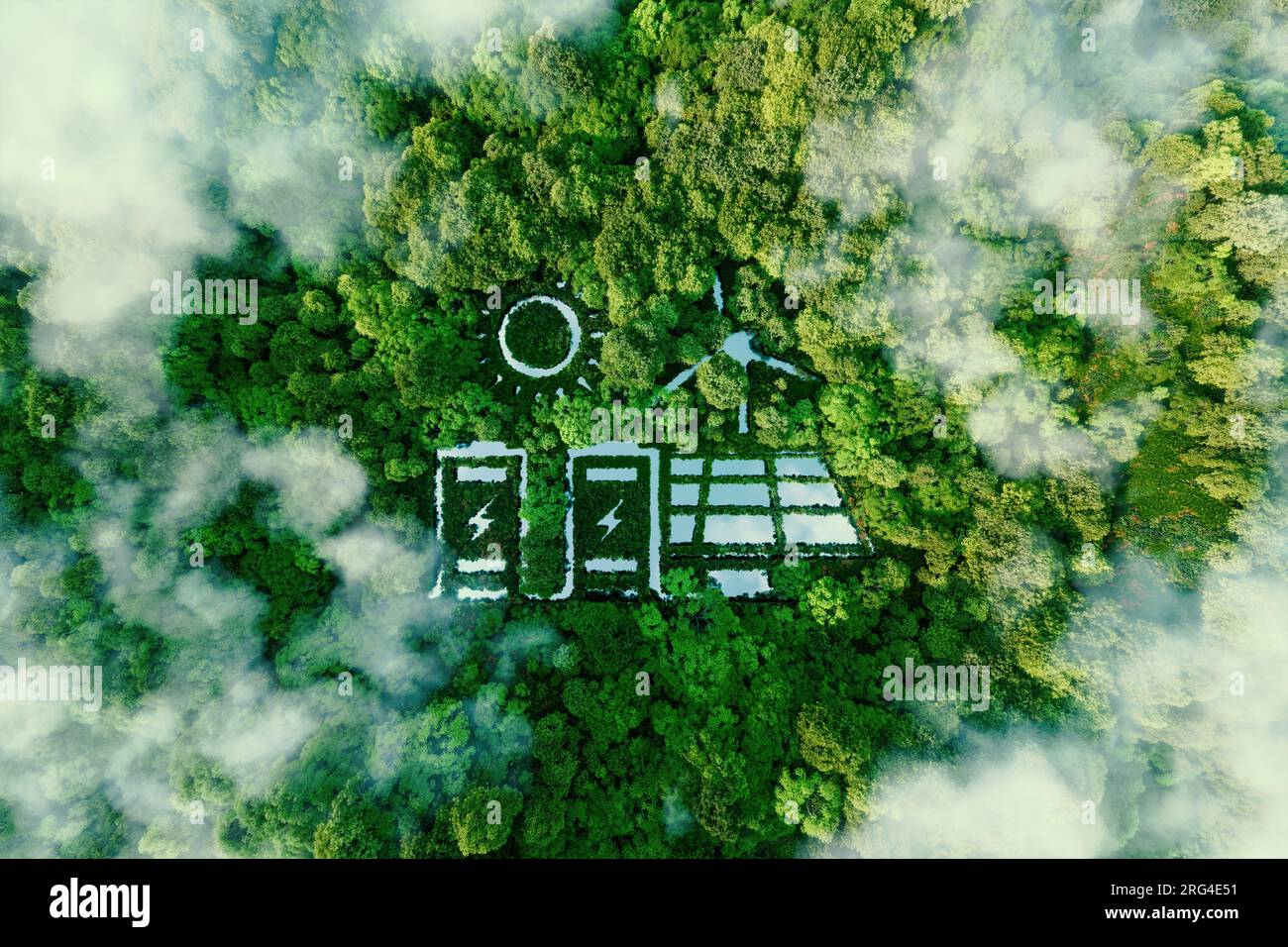 A lake in the shape of a solar, wind and energy storage system in the ...