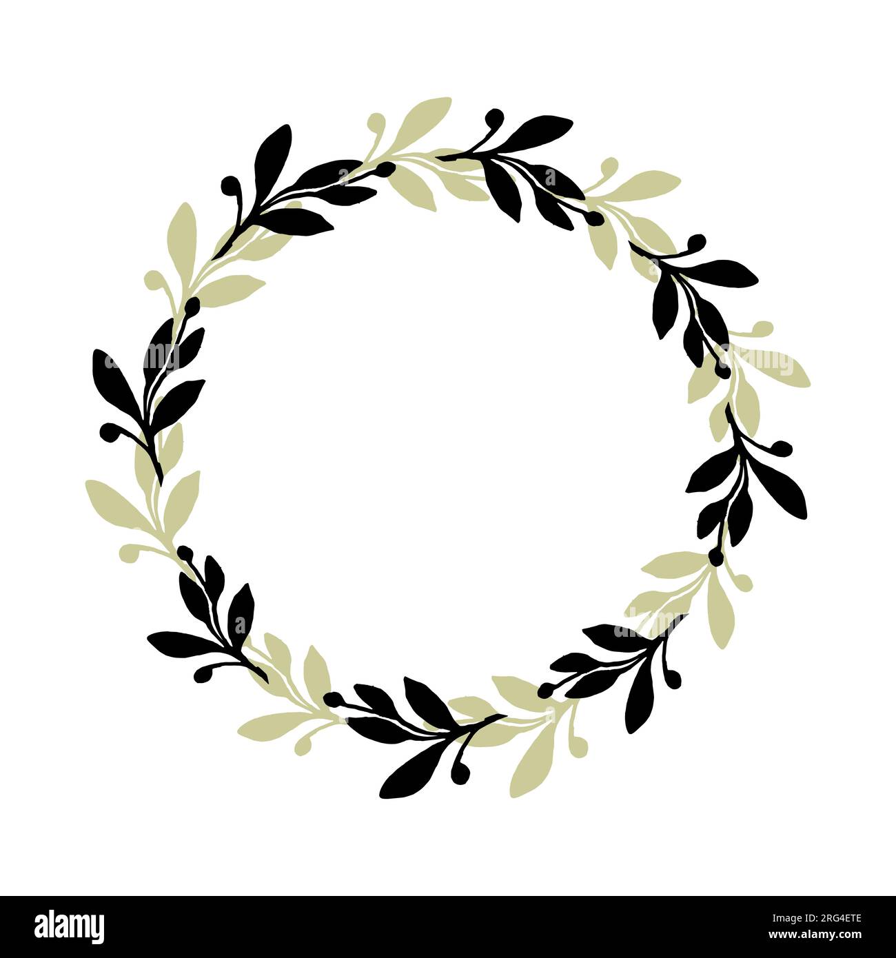 Floral branch hand drawn silhouette circle wreath, vector illustration ...