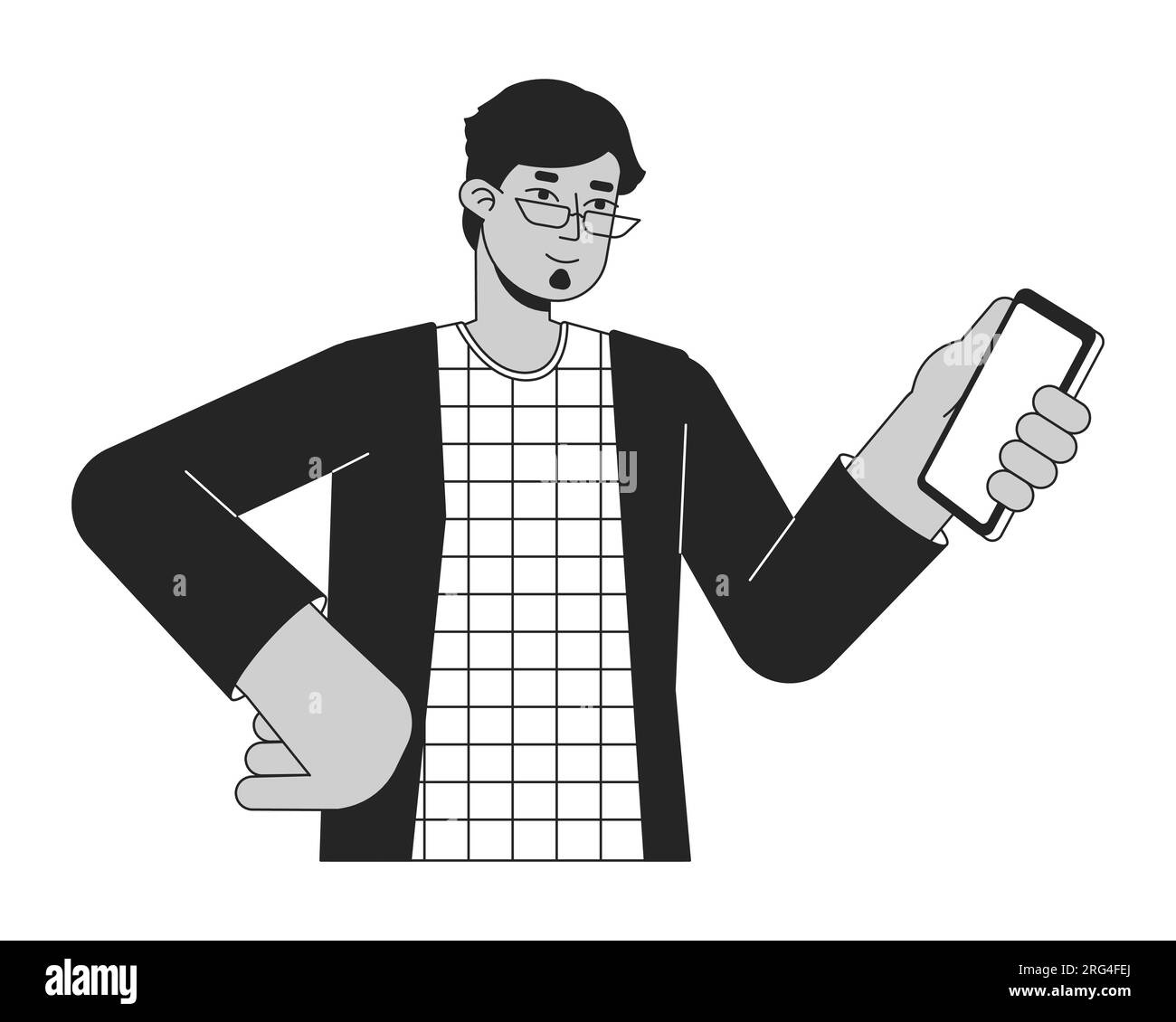 Brunette Man Holding Smartphone Flat Line Black White Vector Character