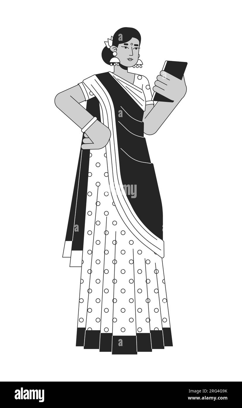 Indian woman in sari using gadget flat line black white vector ...