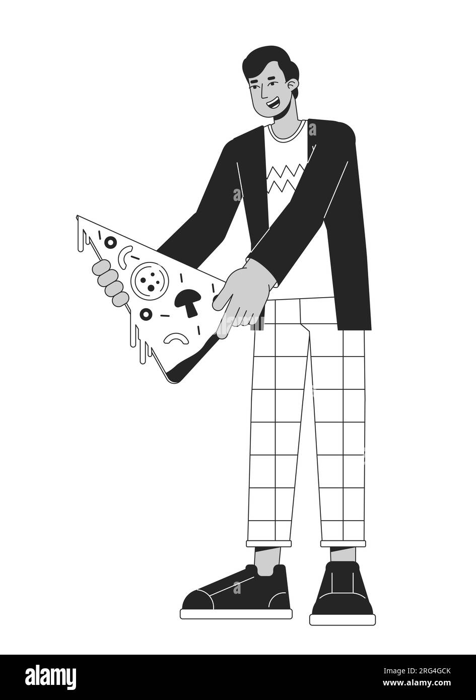 Happy man holding pizza slice flat line black white vector character ...